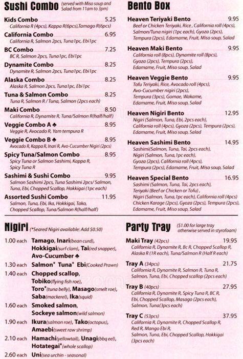 Menu at Sushi Heaven in New Westminster restaurant, New Westminster ...