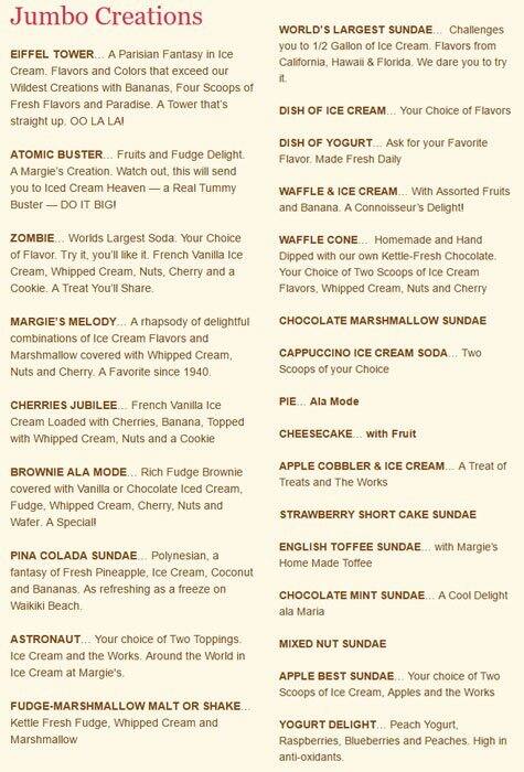 Menu at Margie's Candies desserts, Chicago, W Montrose Ave