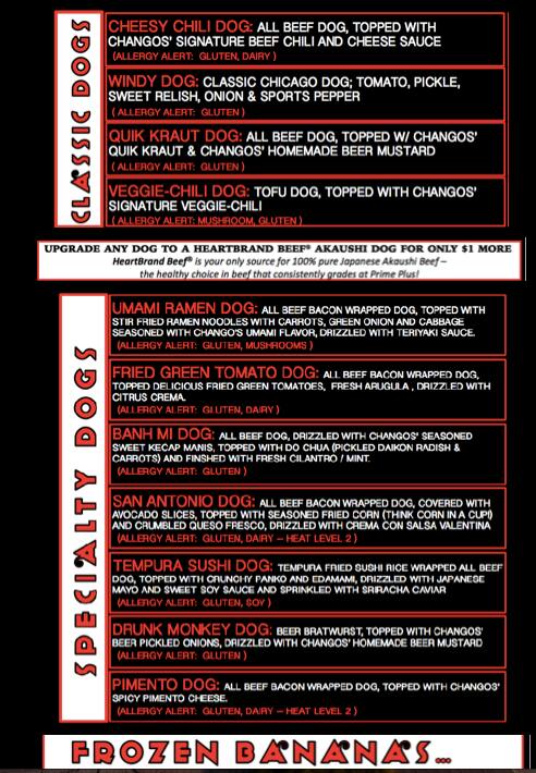 Menu at Changos' Gourmet Hot Dogs, San Antonio, N New Braunfels Ave