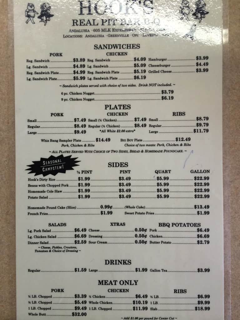 Menu at Hook's Bbq, Andalusia