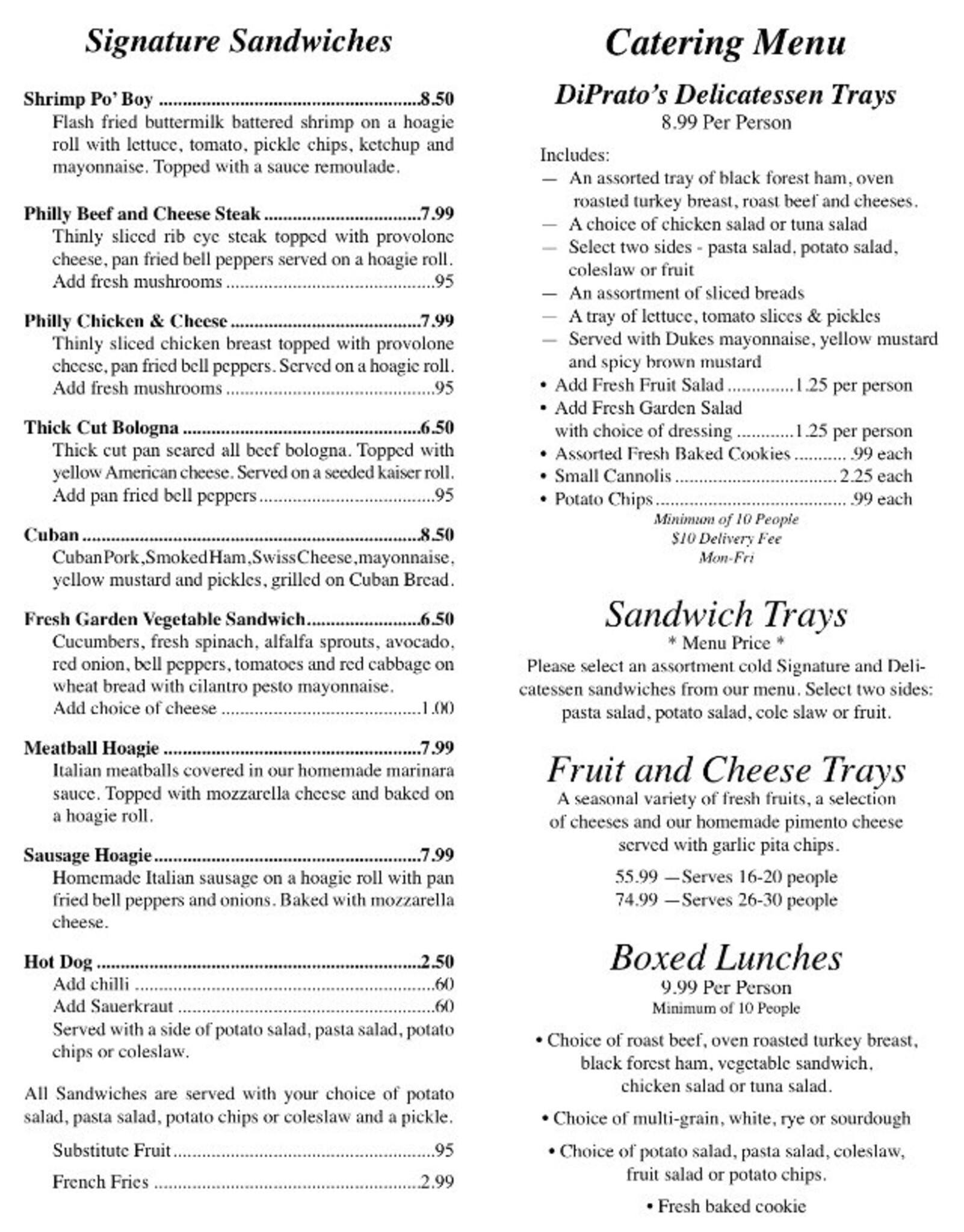 Menu at DiPrato's restaurant, Columbia