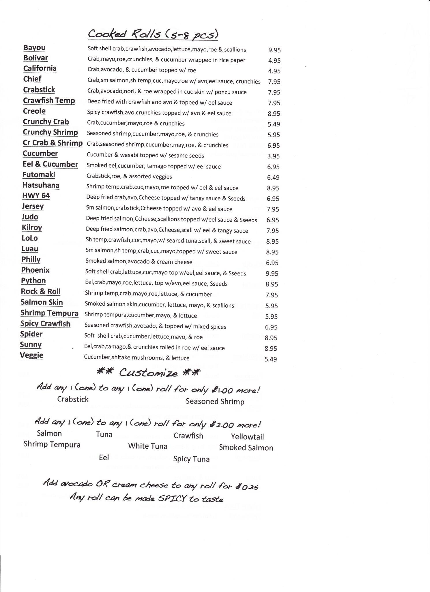 Menu at Hatsuhana Express restaurant, Bolivar