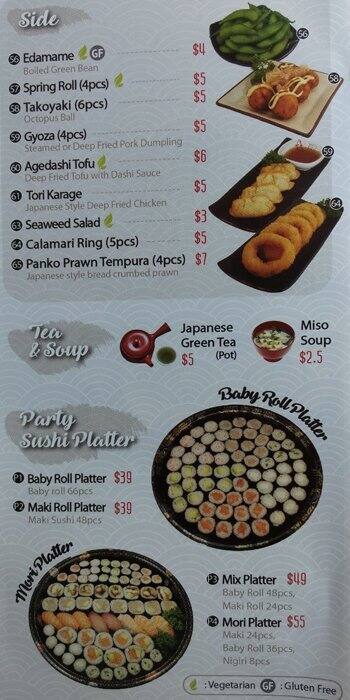 Menu at Sushi Mori restaurant, Alexandra Hills