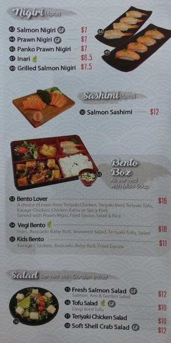 Menu at Sushi Mori restaurant, Alexandra Hills