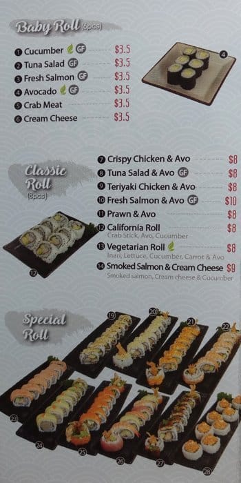 Menu at Sushi Mori restaurant, Alexandra Hills