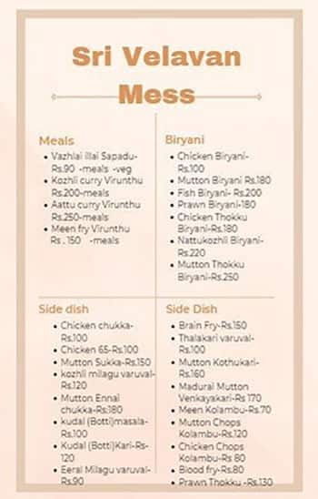Menu of Velavan Mess, Perambur, Chennai