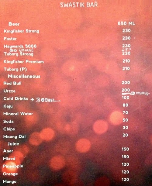 Menu at Swastik Bar, Kolkata, 4