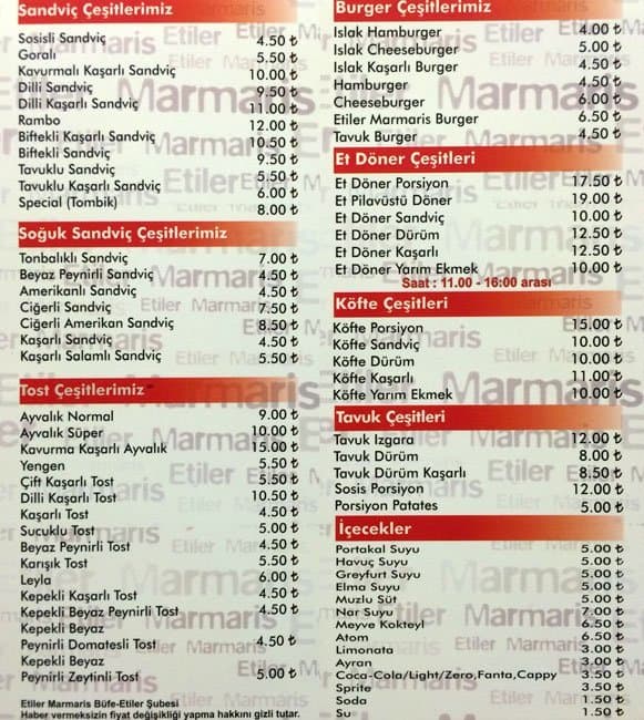 Menu at Etiler Marmaris, Istanbul, Acıbadem