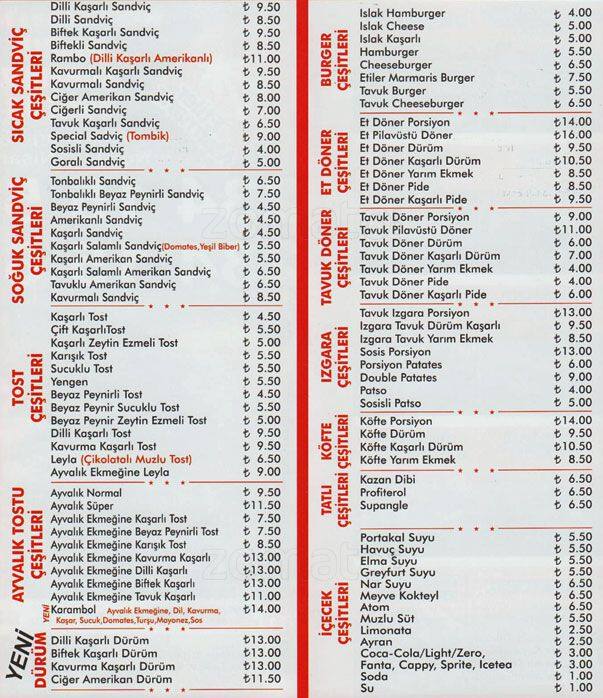 Menu at Etiler Marmaris, Istanbul, Kızıltoprak