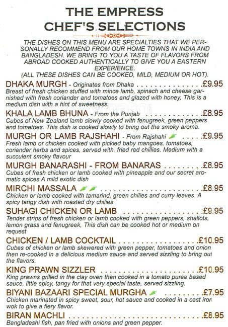 Menu at The Empress restaurant, London, 141 Leman St