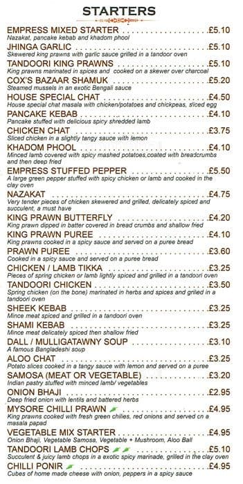Menu at The Empress restaurant, London, 141 Leman St