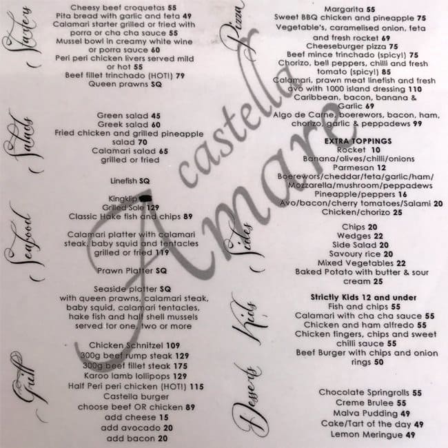 Menu at Castella Amare Restaurant, Cape Town, 47 5th Ave