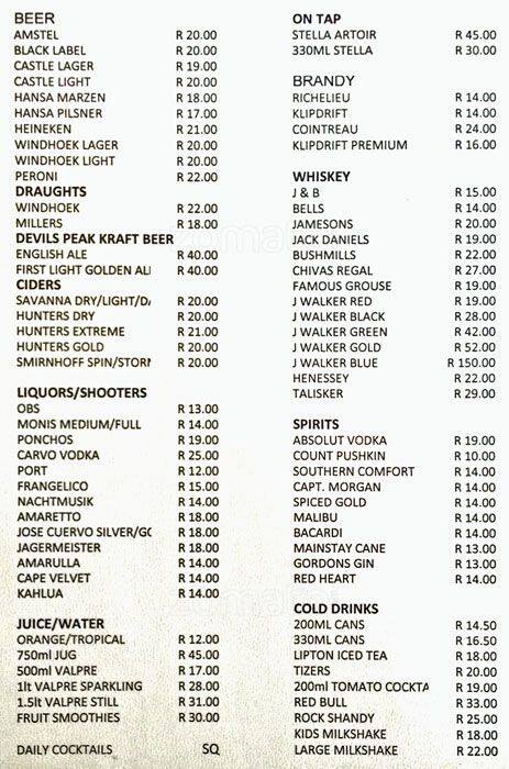 Menu at Castella Amare Restaurant, Cape Town, 47 5th Ave