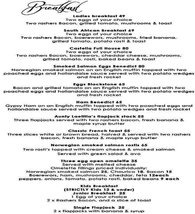 Menu at Castella Amare Restaurant, Cape Town, 47 5th Ave