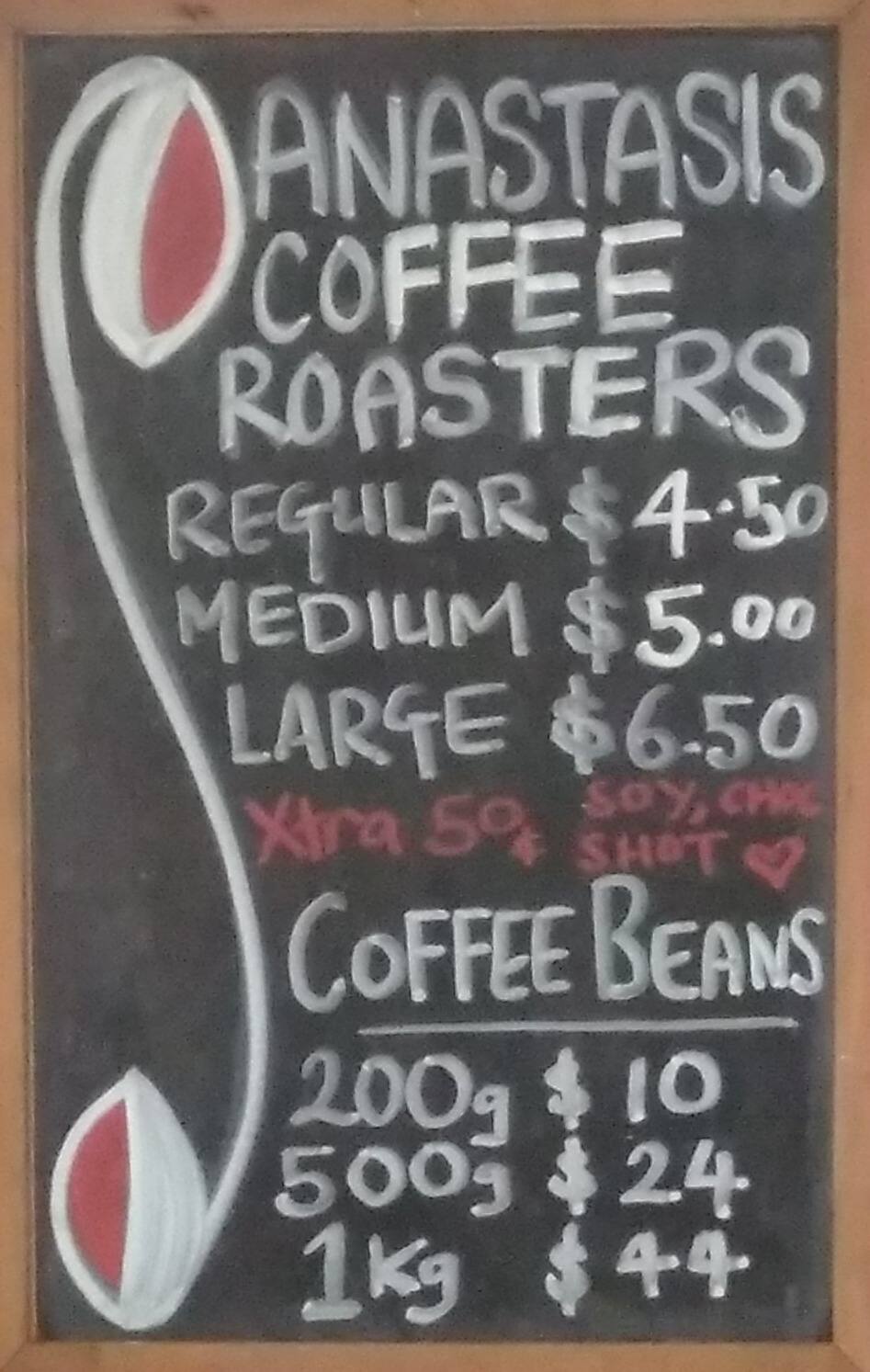 Menu at Anastasis Coffee Roasters cafe, Auckland