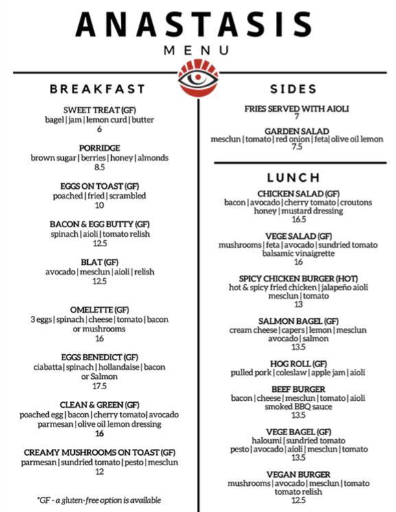 Menu at Anastasis Coffee Roasters cafe, Auckland