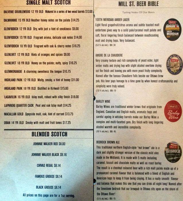 Menu at Mill Street Brewpub, Toronto