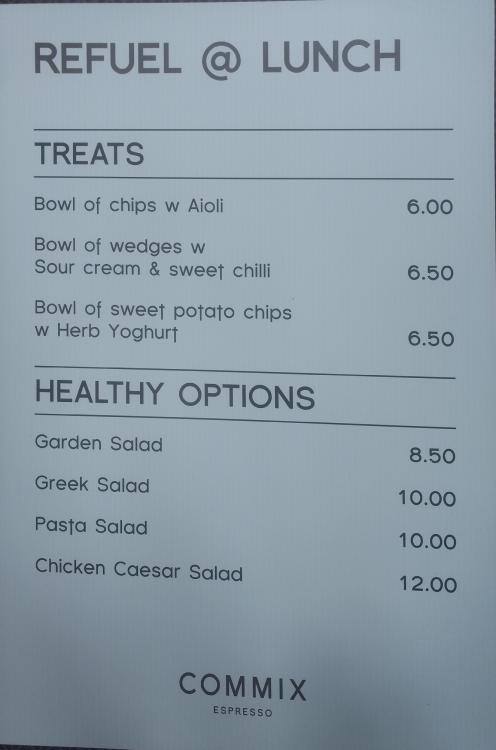 Menu at Commix Espresso - Red Cross Brisbane City Hall cafe, Brisbane City