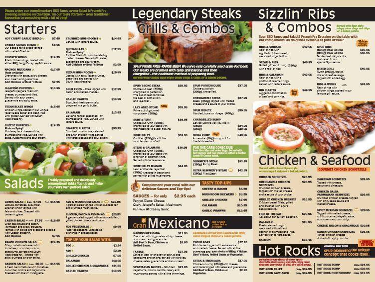 Menu at Golden Cloud Spur Steak Ranch restaurant, Mandurah