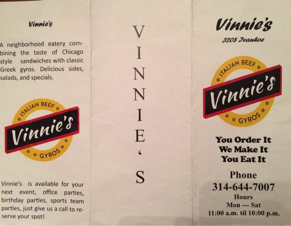 Menu at Vinnie's restaurant, St. Louis