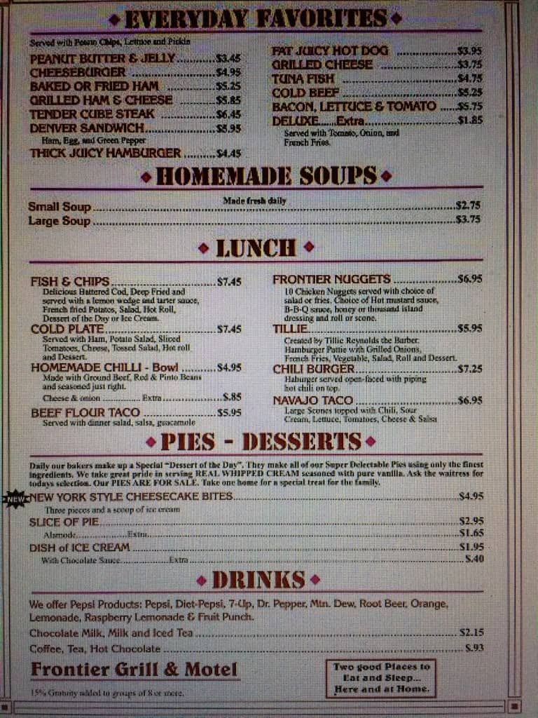 Menu at Frontier Grill restaurant, Roosevelt