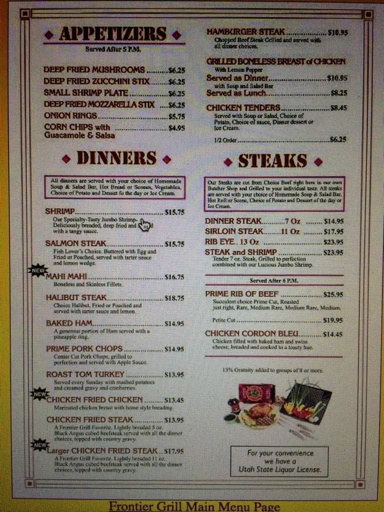 Menu at Frontier Grill restaurant, Roosevelt