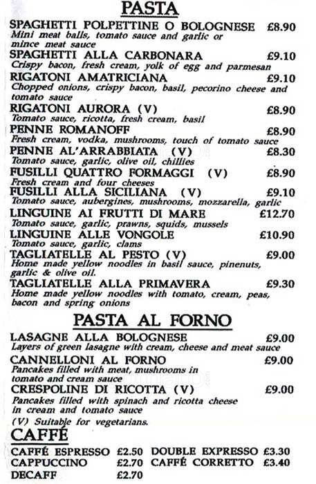 Menu at O'Sole Mio restaurant, London