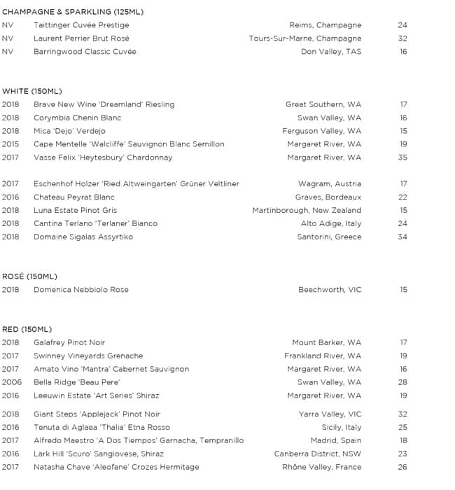 Menu at Wildflower restaurant, Perth