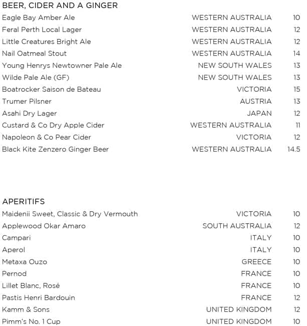 Menu at Wildflower restaurant, Perth