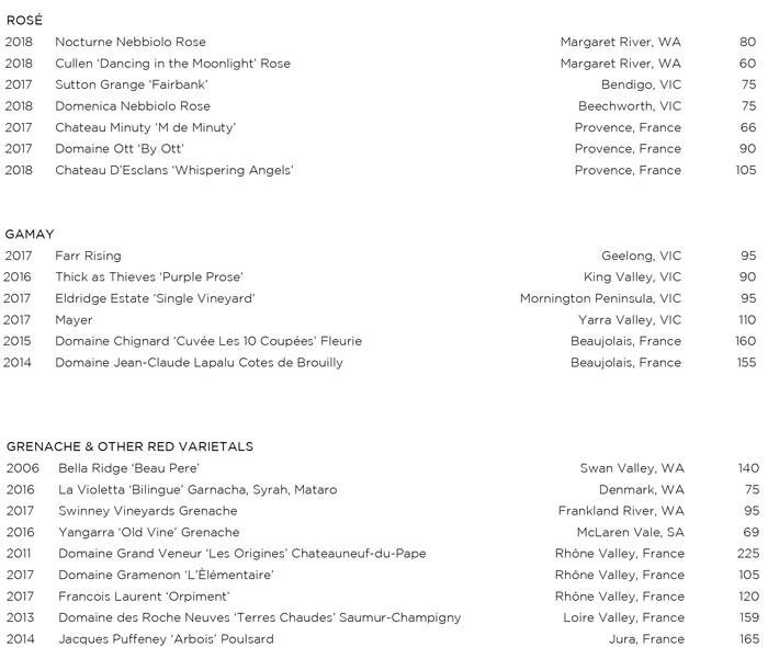 Menu at Wildflower restaurant, Perth