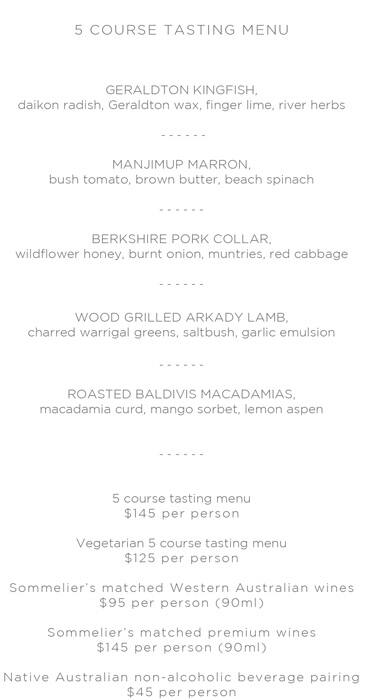 Menu at Wildflower restaurant, Perth
