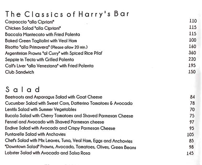 Menu of Cipriani, DIFC, Dubai