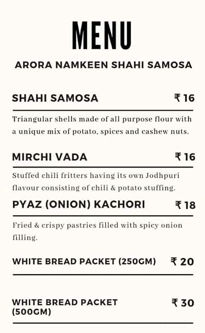 Menu at Shahi Samosa, Jodhpur