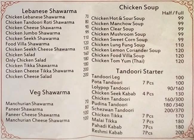 Menu of Food Villa Family Restaurant, Chembur, Mumbai