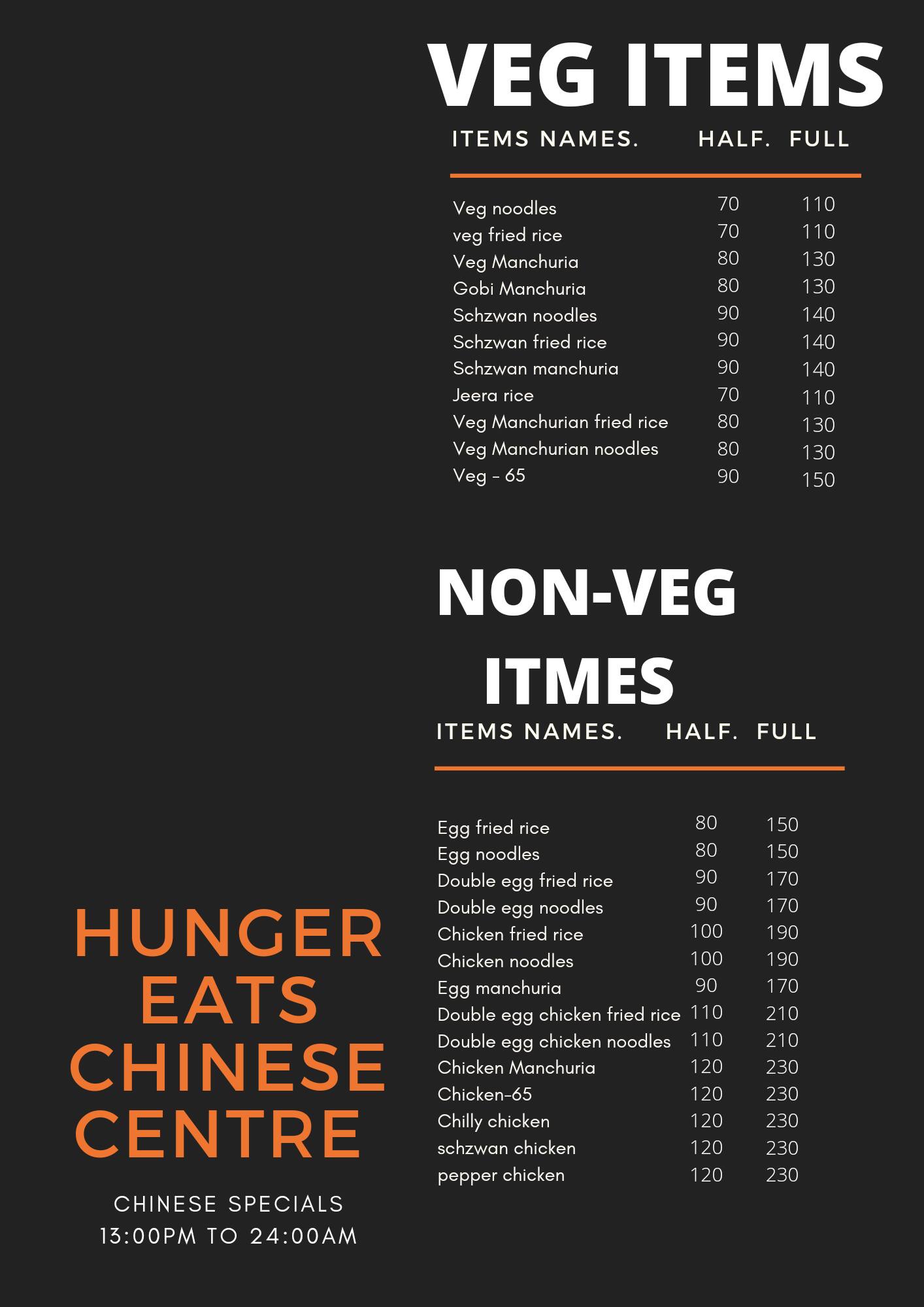 Menu of Hunger Eats Chinese Centre, Kukatpally, Hyderabad