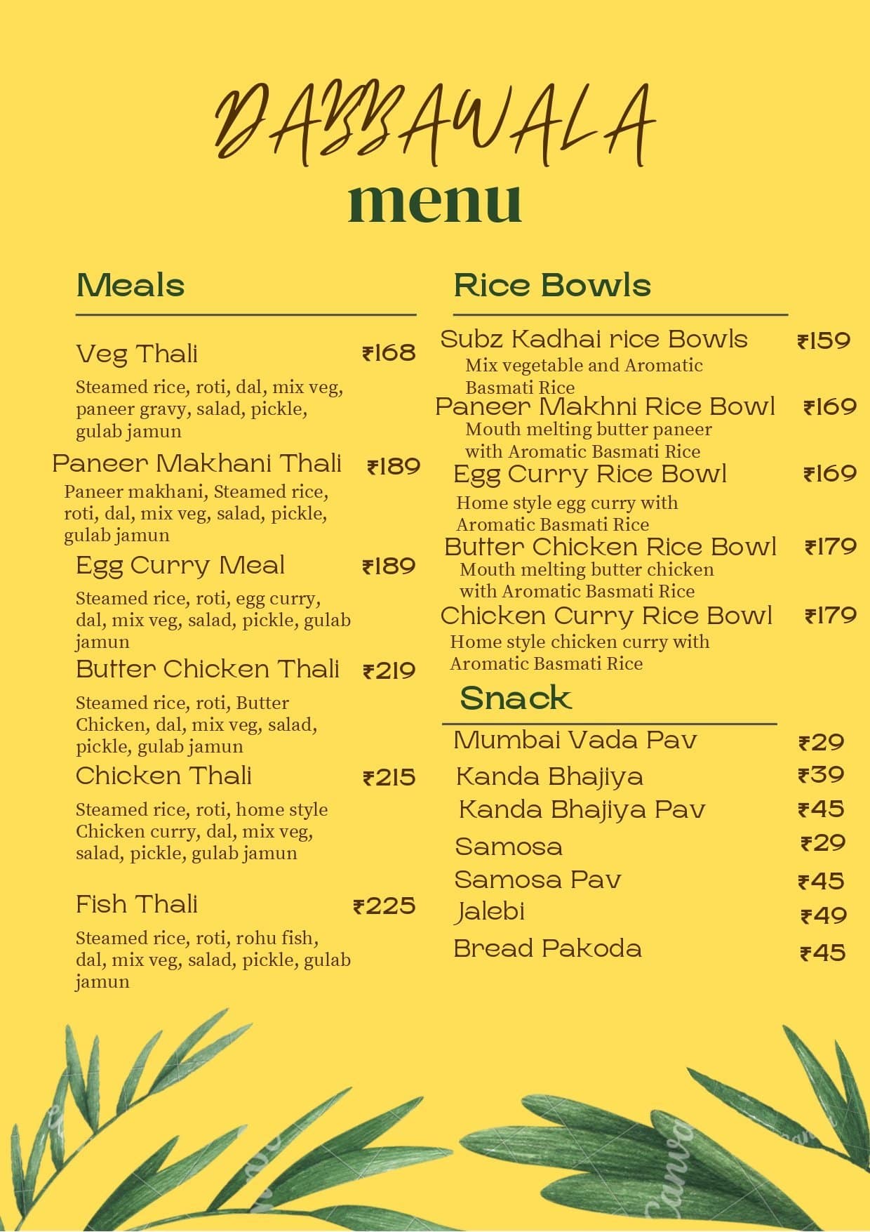 Menu of Dabbawala, Sion, Mumbai