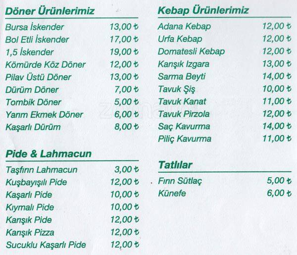 Menu at Tarihi Bursa İskender, Istanbul, Osman Aga Mah. Kusdili Cad. No:27