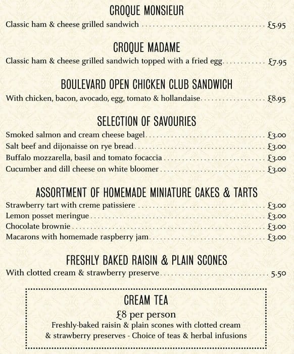 Menu at Boulevard Brasserie restaurant, London