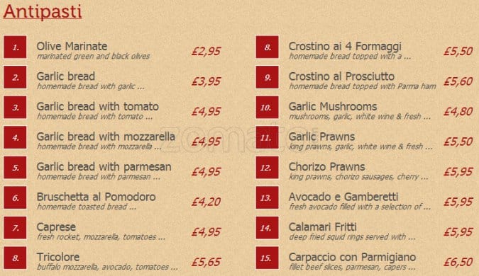 Menu at Corleone restaurant, London, 186A High Street Colliers Wood
