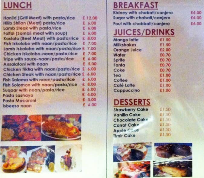 Menu at Salaama Somali Restaurant, Southall, 98 The Green