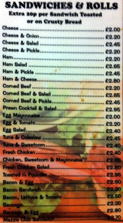 Menu at Mazzi's Cafe, Wallington