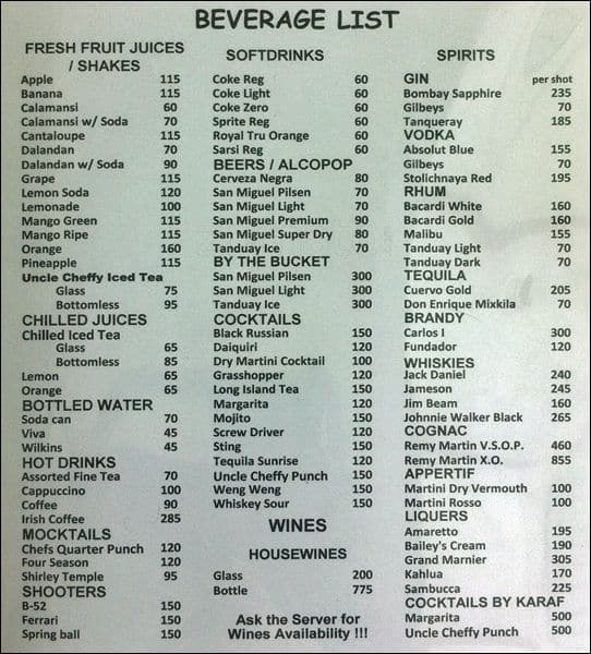 Menu at Uncle Cheffy restaurant, Pasig, G/F