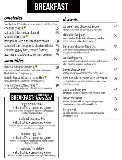 Menu at Cocoa Expresso cafe, Cape Town