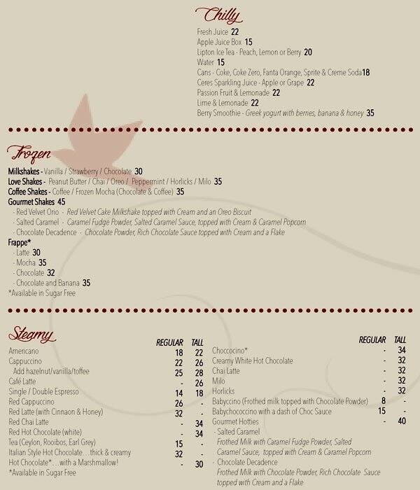 Menu au Love Cake Cafe, Le Cap
