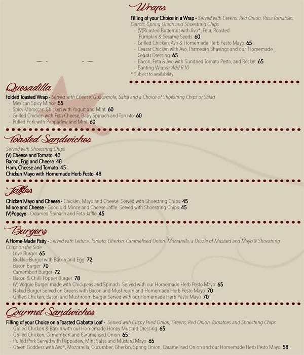 Menu at Love Cake Cafe, Cape Town