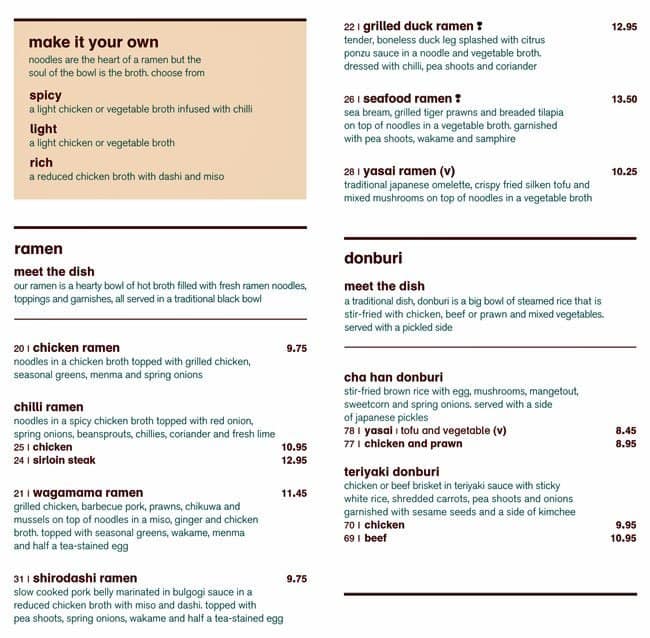 Menu at Wagamama restaurant, Birmingham, the bullring shopping centre