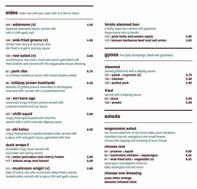 Menu at Wagamama restaurant, Birmingham, the bullring shopping centre