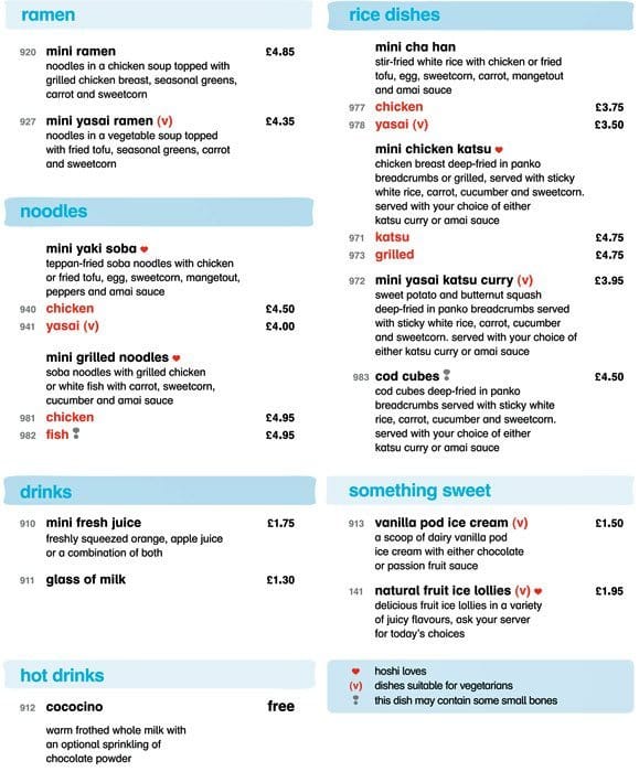 Menu at Wagamama restaurant, Birmingham, the bullring shopping centre