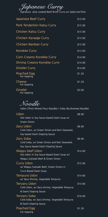Menu at Tokyo Kitchen restaurant, Toronto, 20 Charles St E