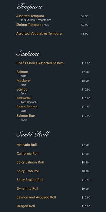 Menu at Tokyo Kitchen restaurant, Toronto, 20 Charles St E